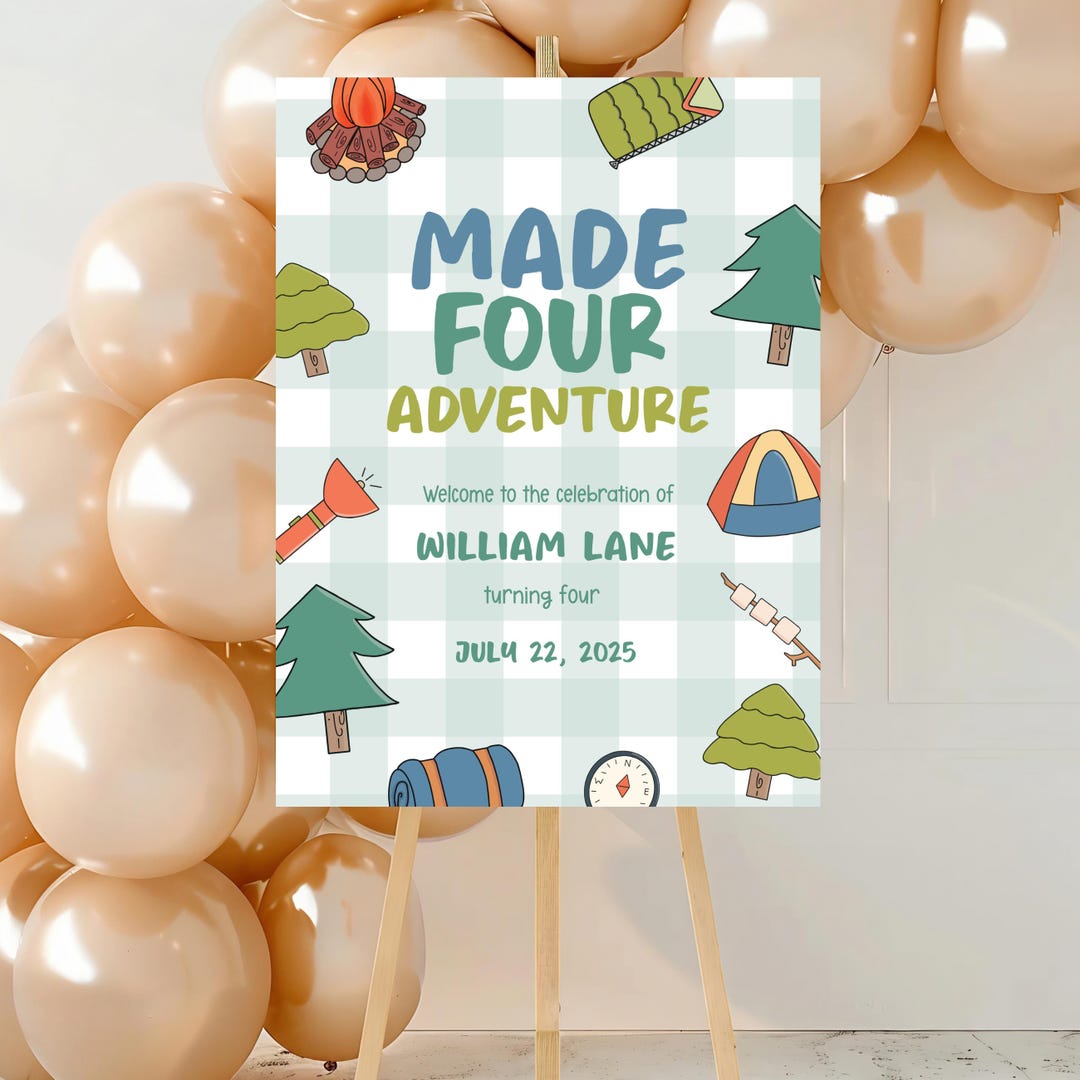 Editable Camping Theme Welcome Sign, Boys Fourth Birthday Party Decor ...
