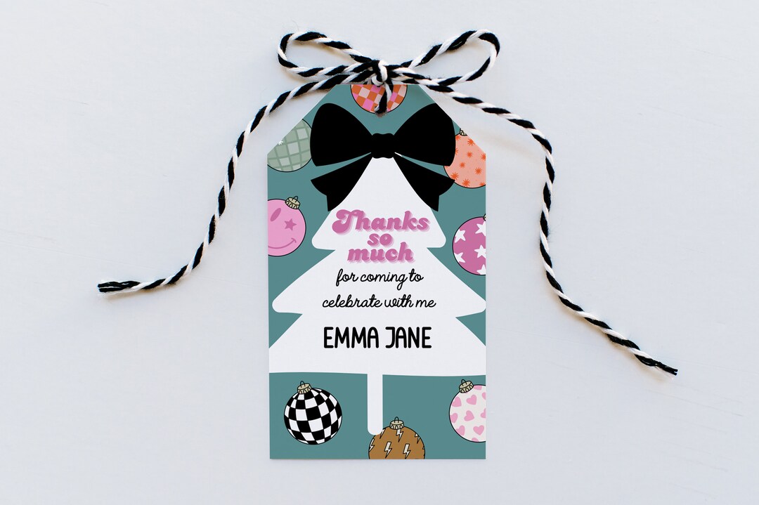 Editable Girls Christmas Birthday Party Favor Gift Tag Groovy Retro ...