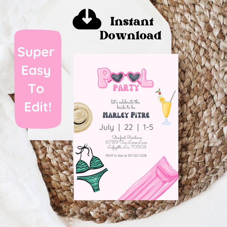 Bachelorette Bash Invite, Pink Pool Party Invitation, Editable Template ...