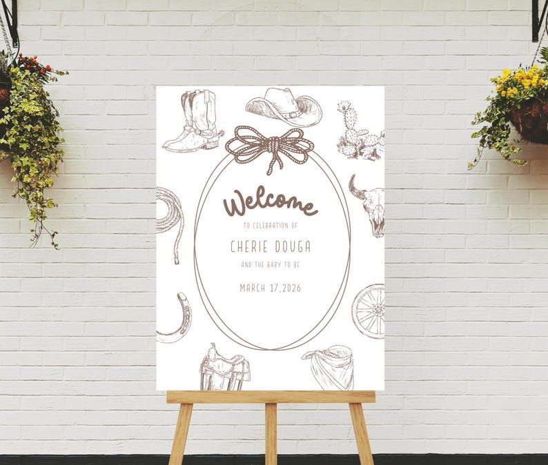 Editable Cowboy Baby Shower Welcome Sign, Rustic Western Roundup Party ...