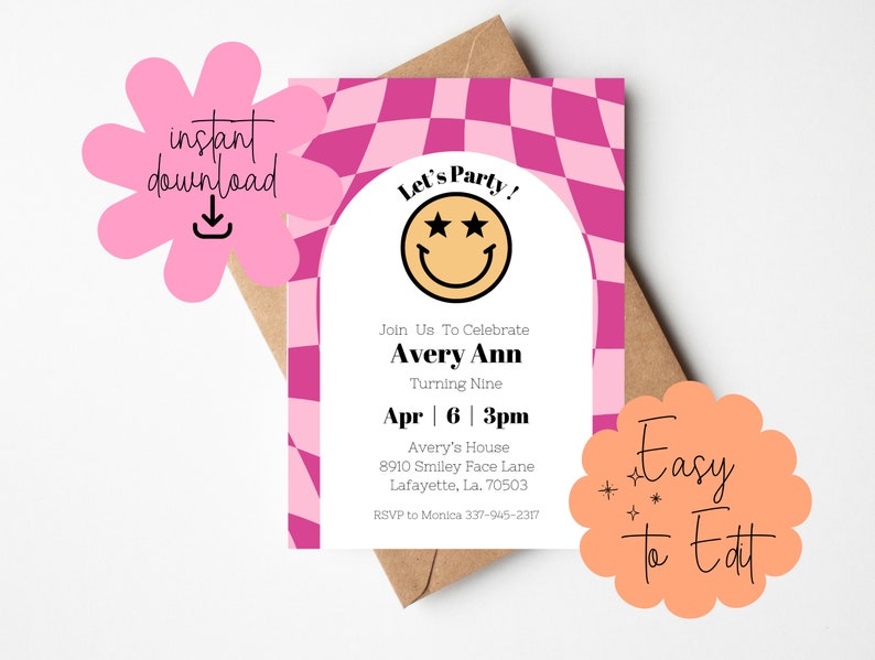 Smiley Face Invite, Smiley Face Birthday Invitation, Pink Checkered ...