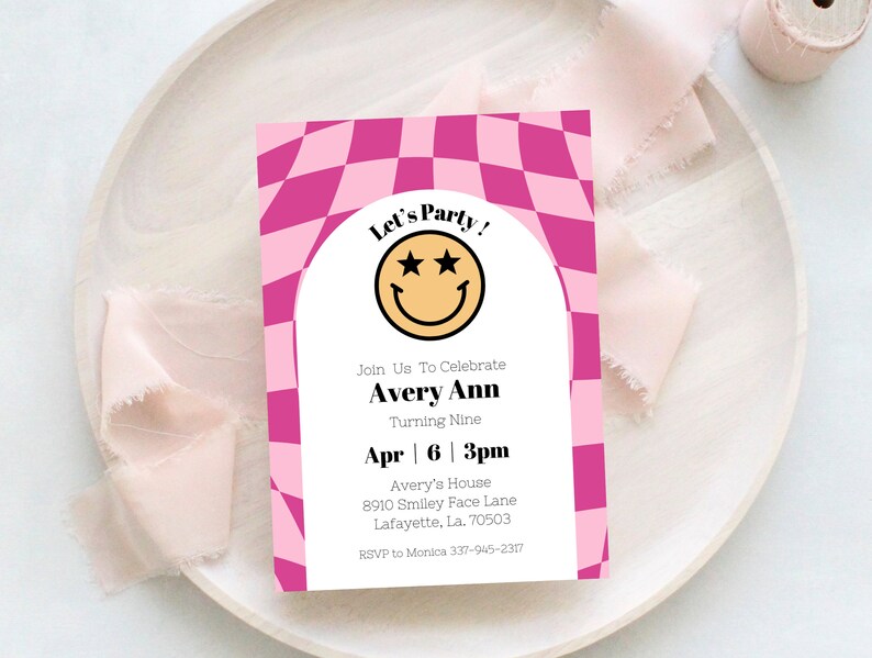 Smiley Face Invite, Smiley Face Birthday Invitation, Pink Checkered ...