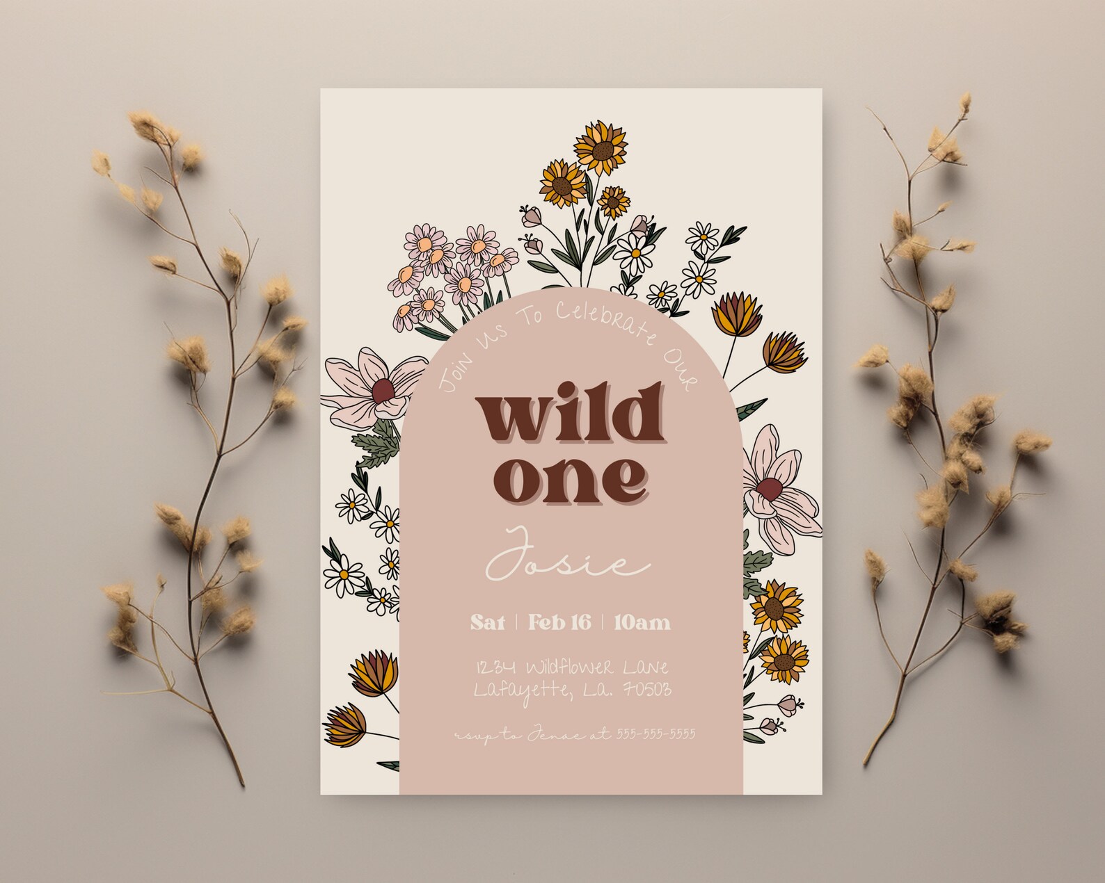 Girls Wild One Invite, Wildflower Bday Invitation, Neutral Floral ...