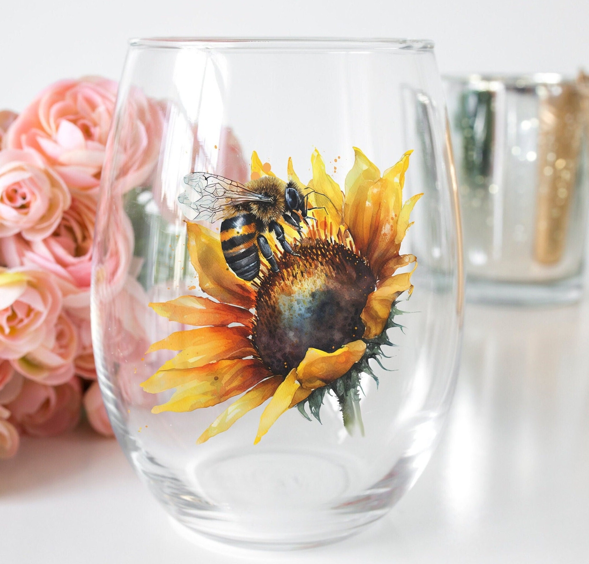 Bee and Sunflower Wine Glass Wine Tumbler Mother's Day Gift Bee Wine ...