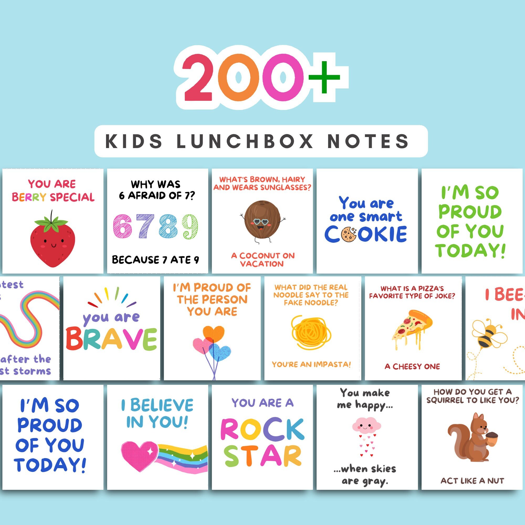 Printable Lunch Box Notes for Kids 200 NOTES: Motivation, Classic Jokes ...