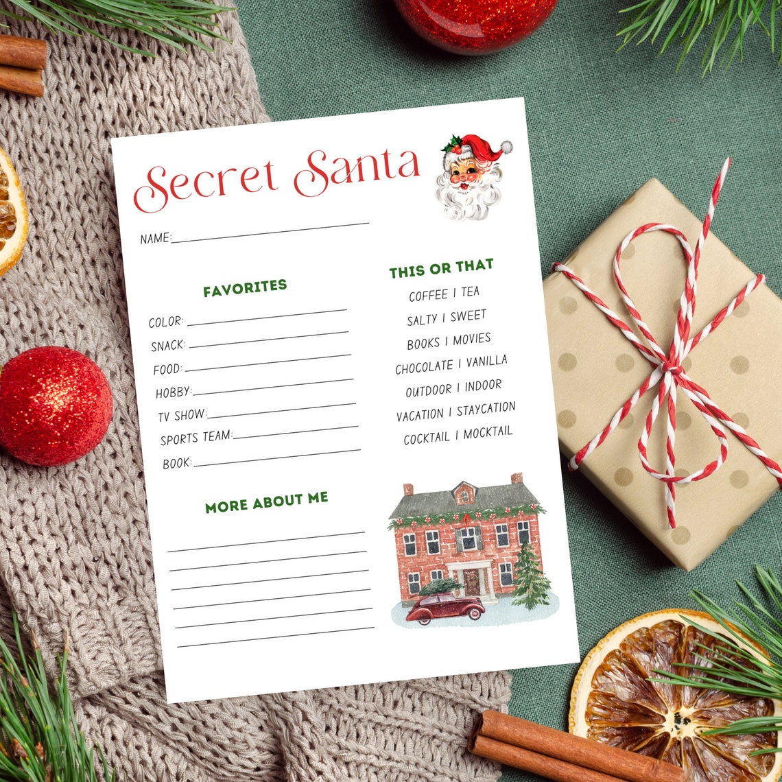 Secret Santa Questionnaire Printable, Secret Santa Form, Secret Santa ...
