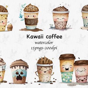 Watercolor Cute Kawaii Coffee Clipart Bundle,commercial Use, Watercolor ...