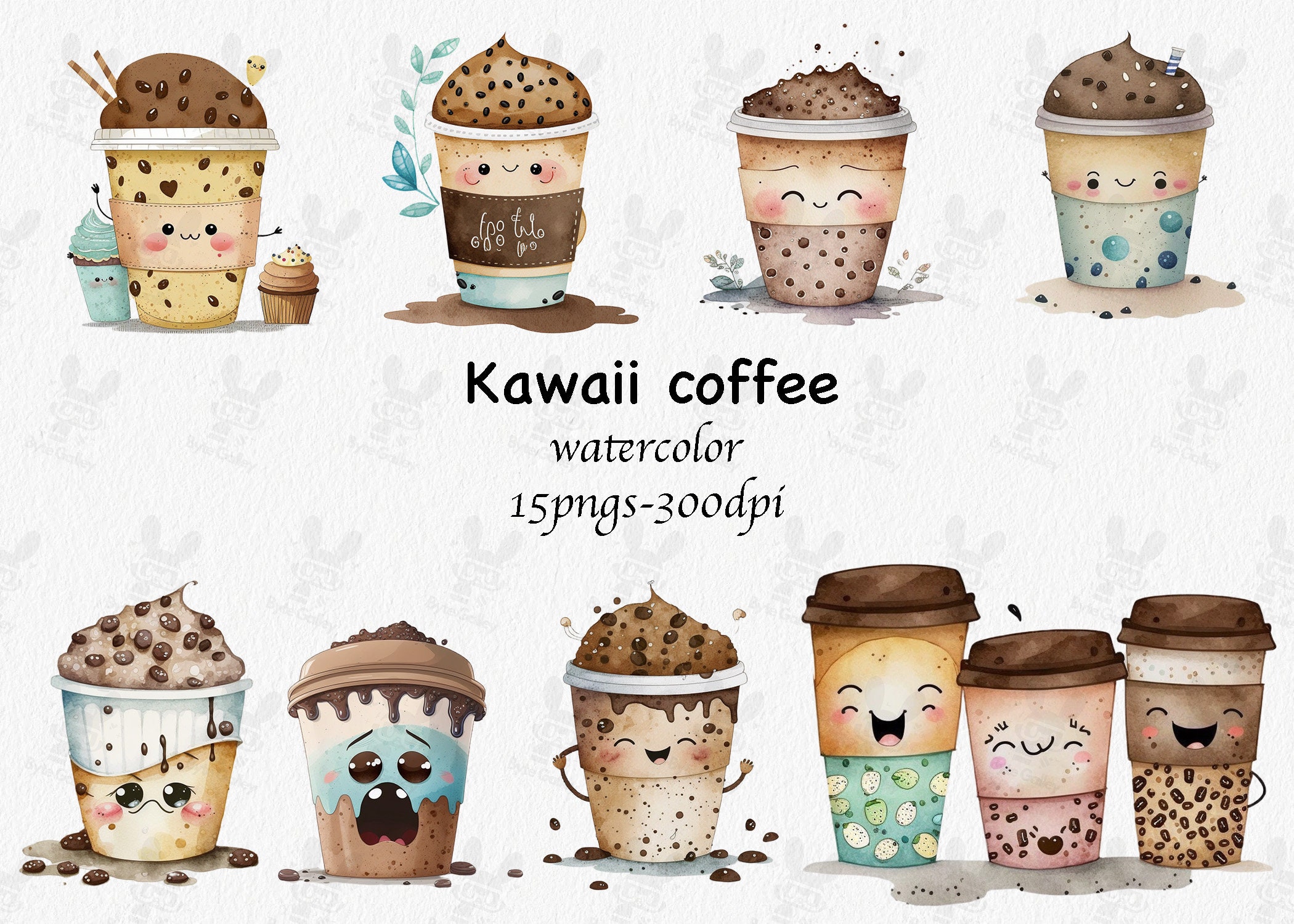 Watercolor Cute Kawaii Coffee Clipart Bundle,commercial Use, Watercolor ...
