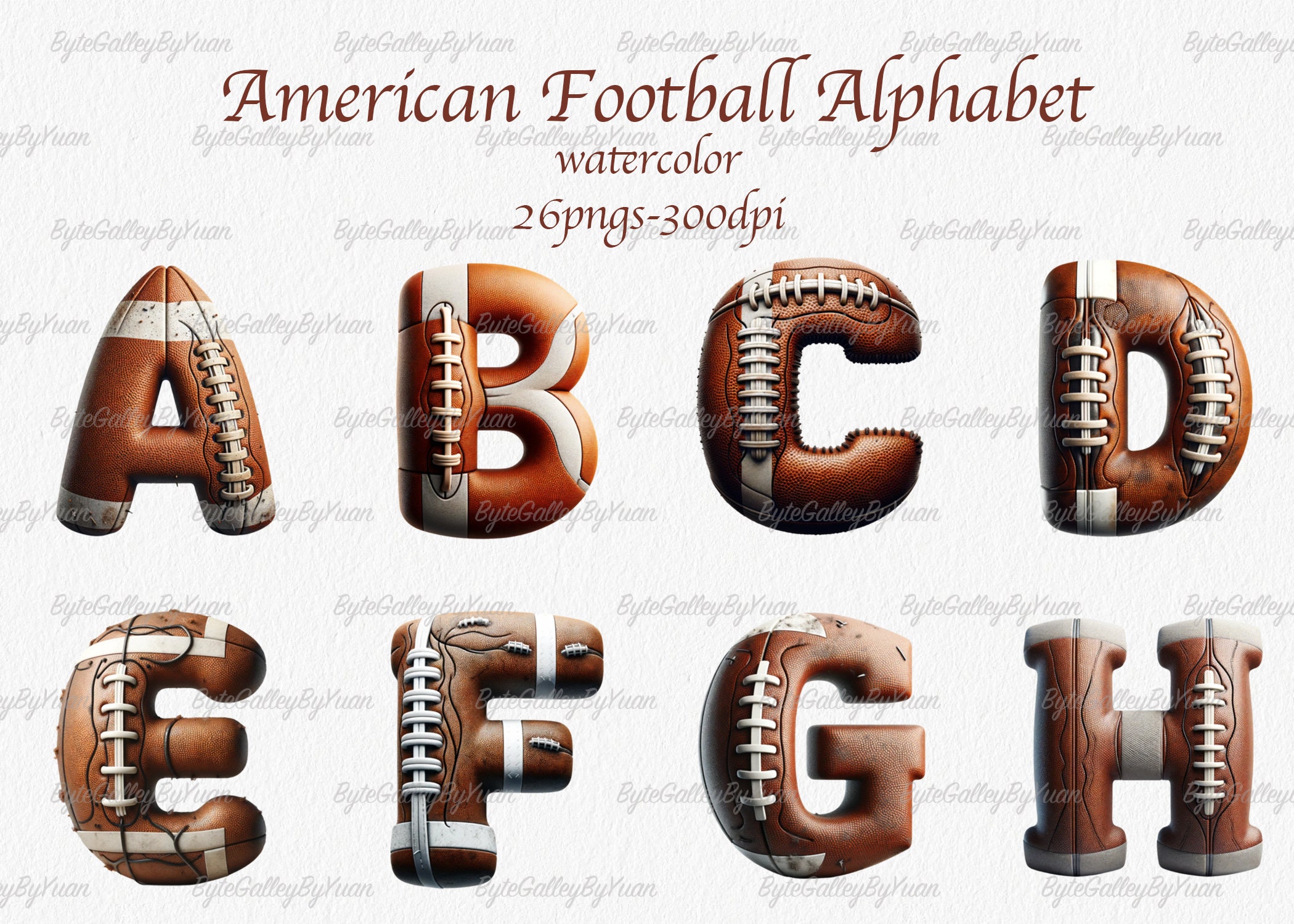 Watercolor American Football Alphabet Png, Football Sublimation Clipart ...