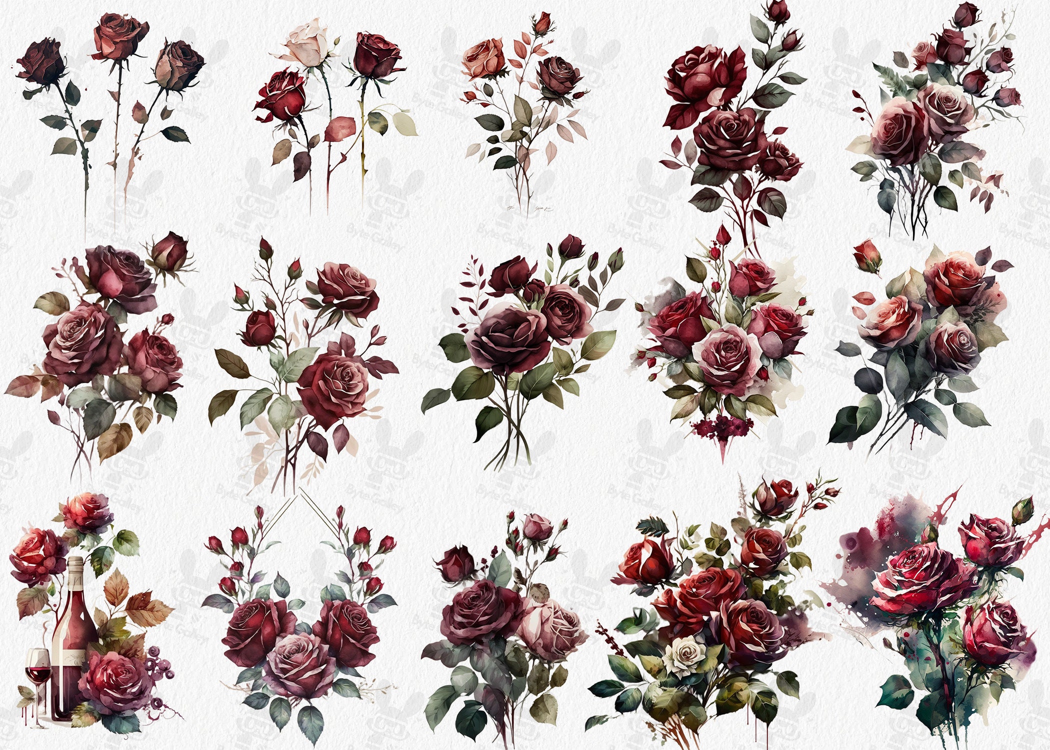 Watercolor Burgundy Roses Clipart Wine Red Roses in PNG Format Instant ...