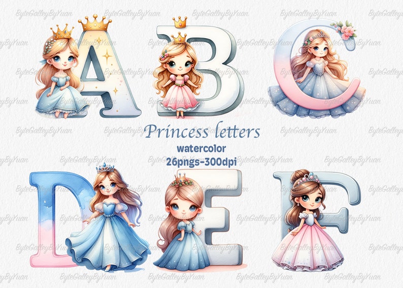 Watercolor Princess Alphabet Clipart: Decorative Letters PNG (digital ...
