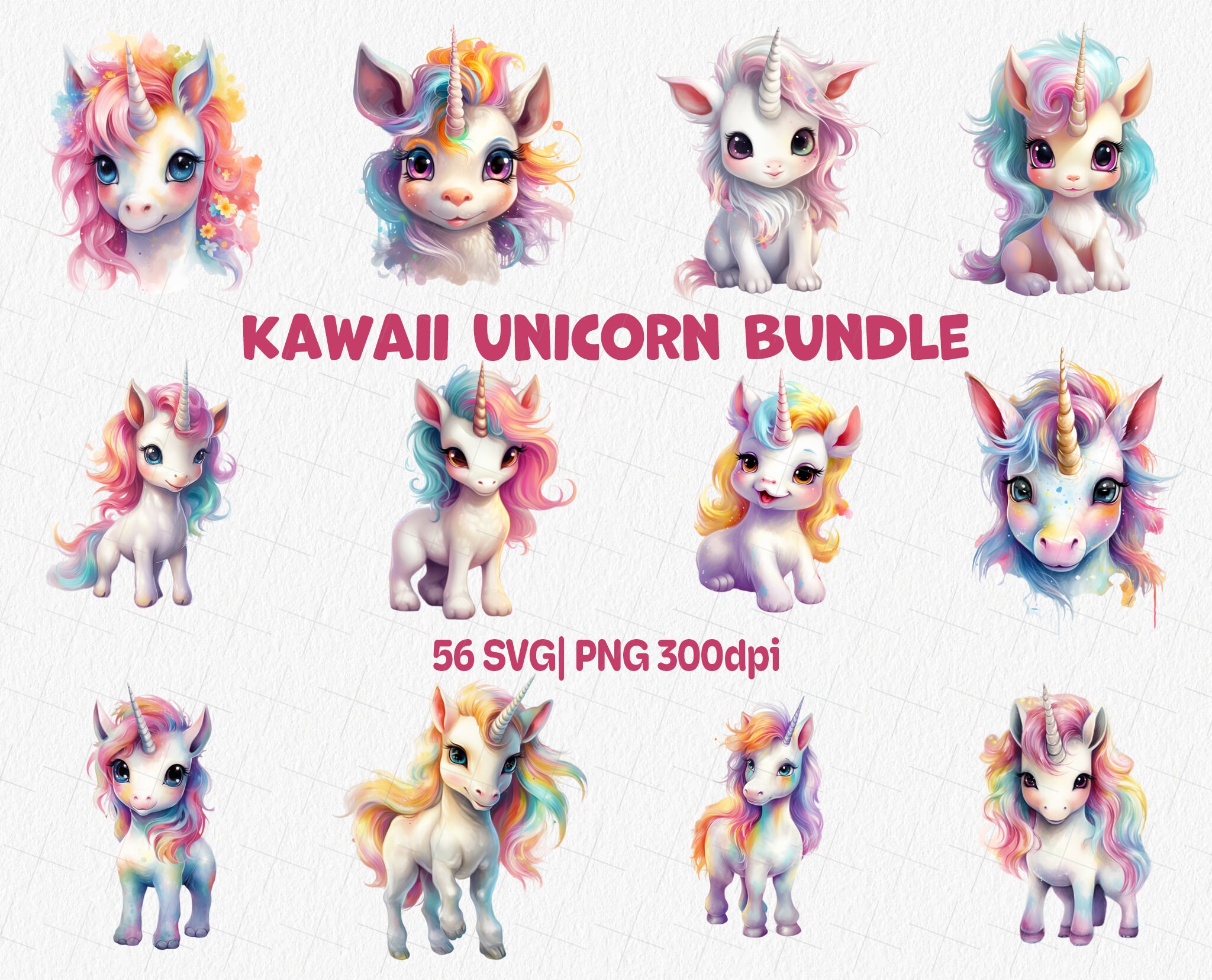 Watercolor Cute Kawaii Unicorn Clipart Bundle,commercial Use ...