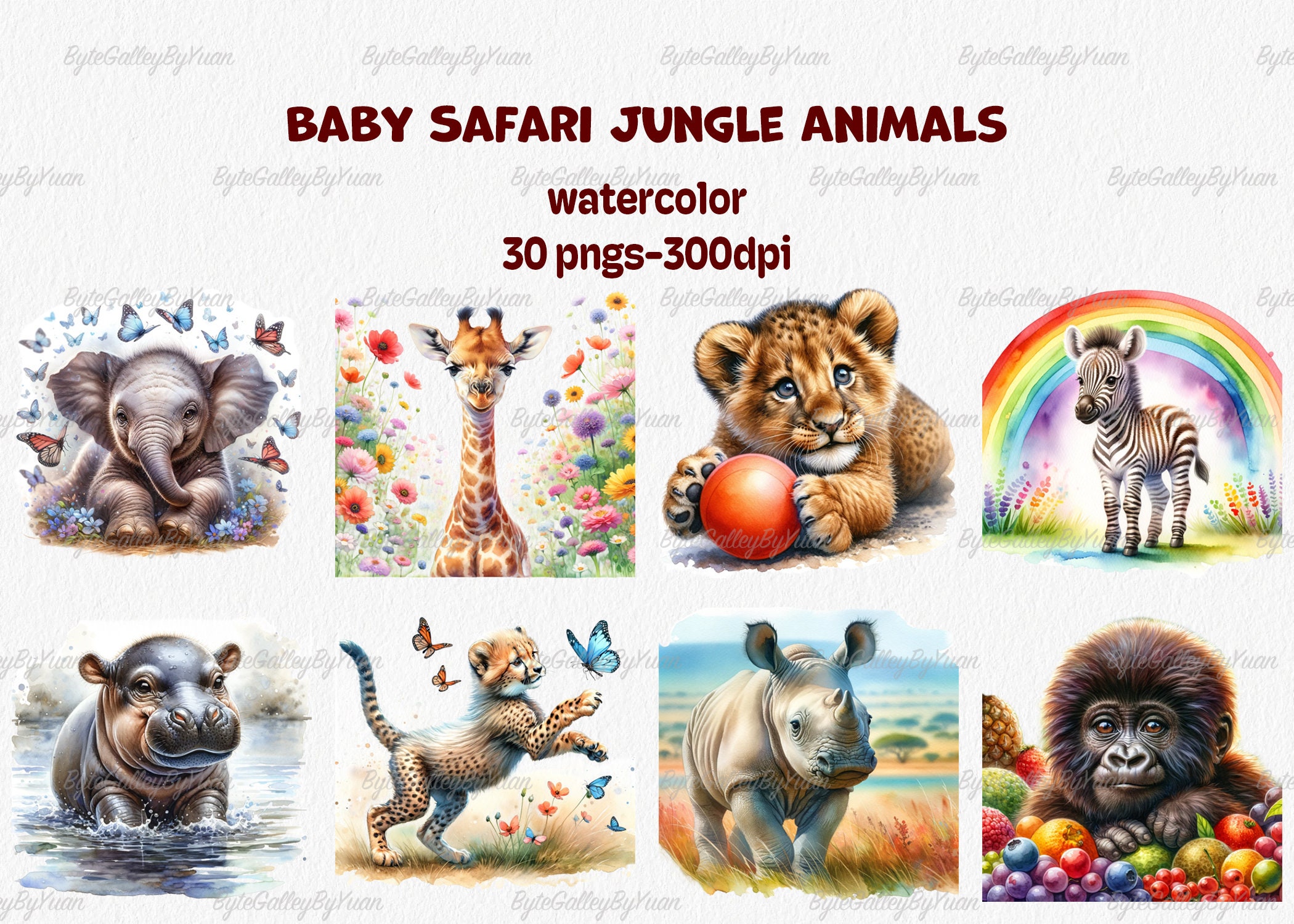 Watercolor Baby Safari Animals PNG Baby Animals Clipart Jungle Animals ...