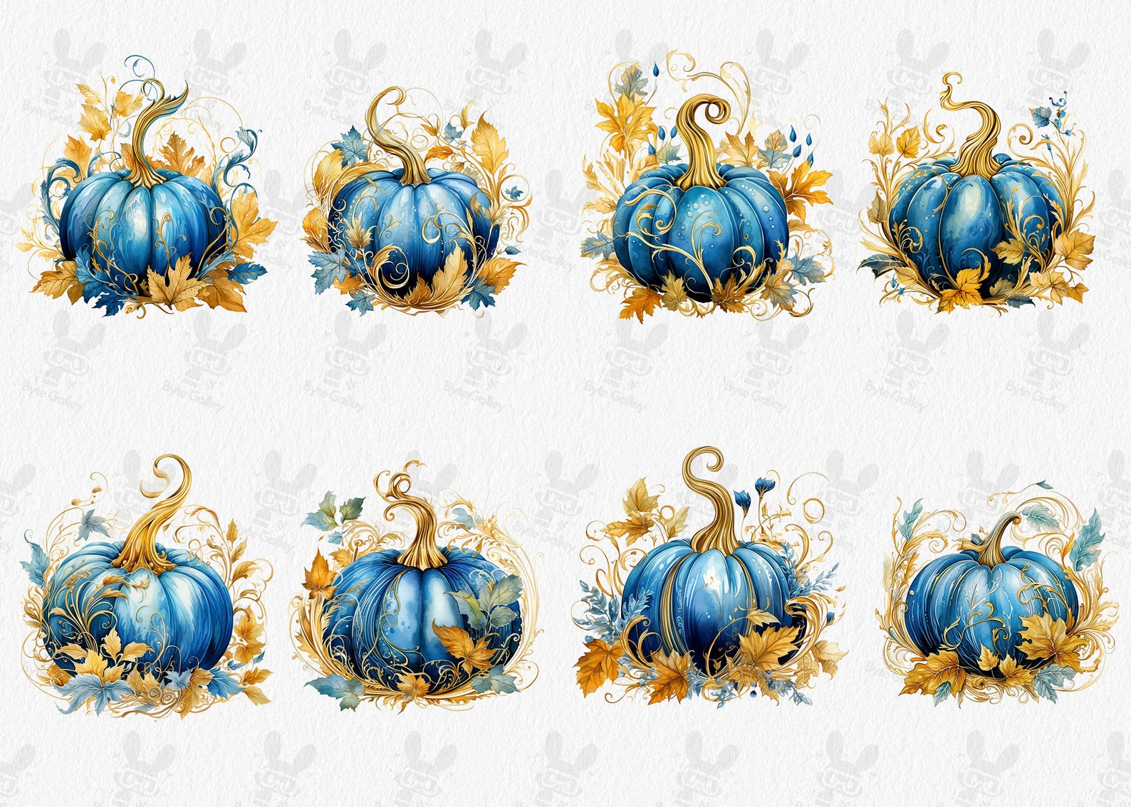 Blue Pumpkin Clipart Bundle, Gold Pumpkin, Floral Pumpkin Graphics ...