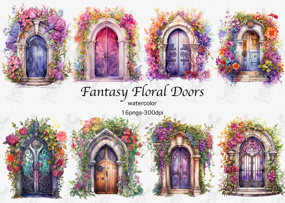 Watercolor Fantasy Doors Clipart - Floral Magic Door| Wizard Door ...