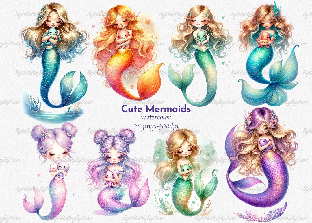 Watercolor Mermaid Clipart: Whimsical PNG Bundle (commercial Use) - Etsy