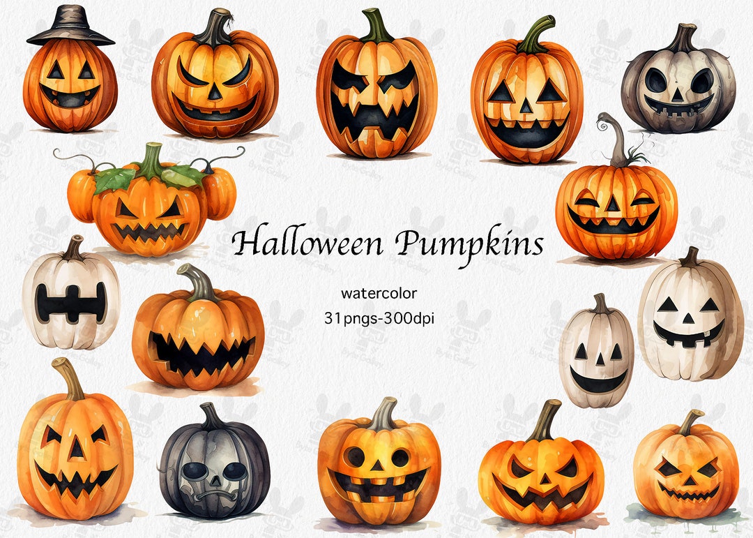 Halloween Watercolor Pumpkin Clipart, Jackolanterns, Spooky Pumpkins ...