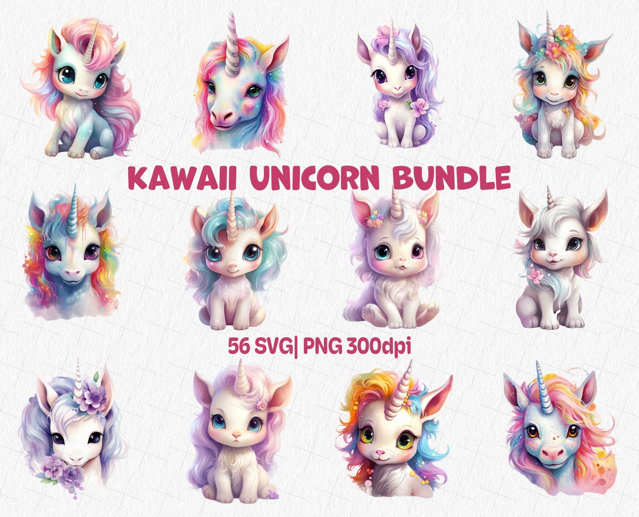 Watercolor Cute Kawaii Unicorn Clipart Bundle,commercial Use ...