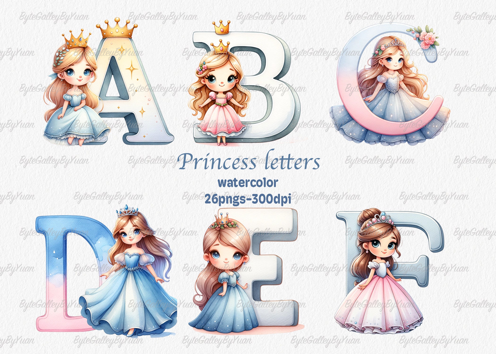 Watercolor Cartoon Princess Alphabet, Letters Png, Alphabet Png, Cute ...