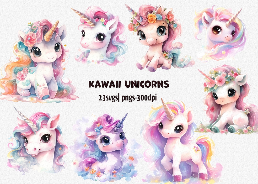 Watercolor Cute Kawaii Unicorn Clipart Bundle,commercial Use ...
