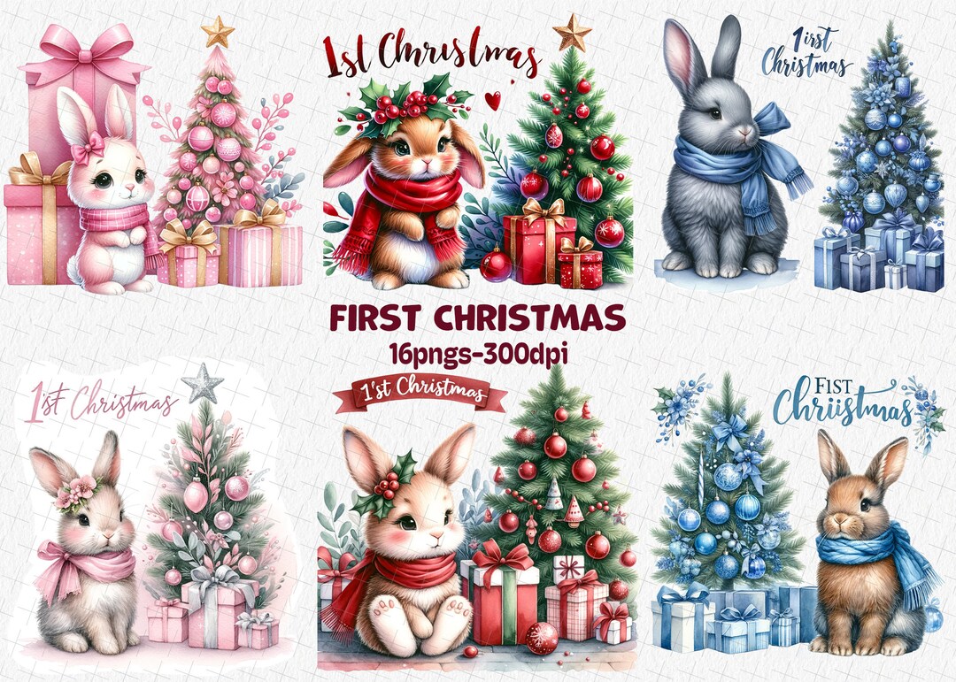 Watercolor Bunny Christmas Clipart Bundle: Baby's First Christmas ...