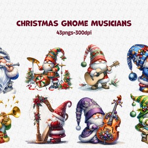 Watercolor Christmas Gnome Musicians Clipart: Instrument Graphics (PNG ...