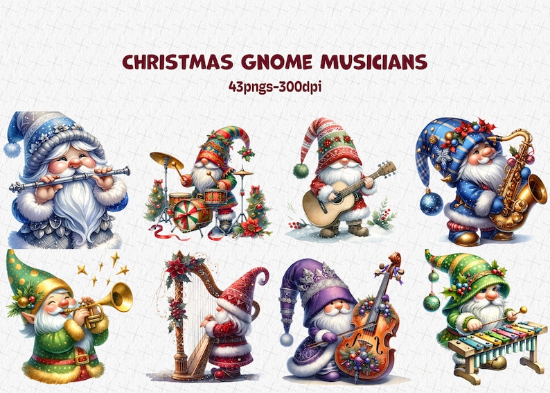 Christmas Gnome Musicians Clipart, Watercolor Musical Gnome Png ...