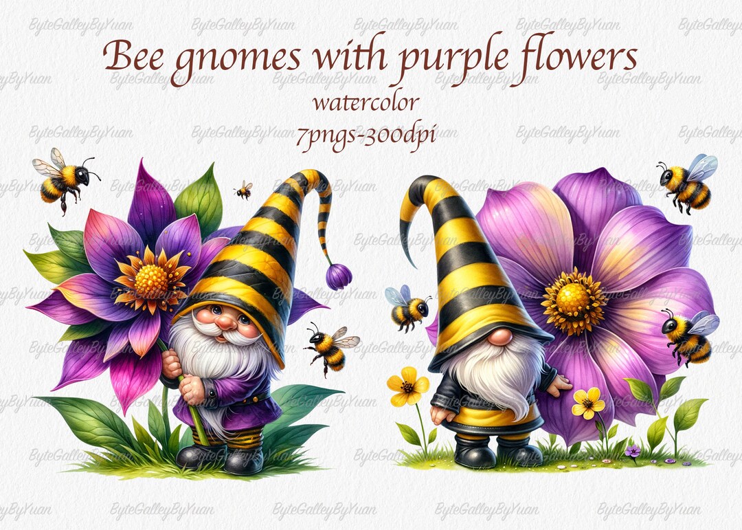 Watercolor Bee Gnome With Purple Flowers PNG Clipart. Spring Gnome Cute ...