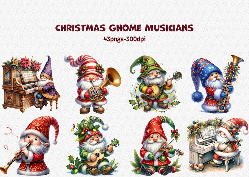 Christmas Gnome Musicians Clipart, Watercolor Musical Gnome Png ...