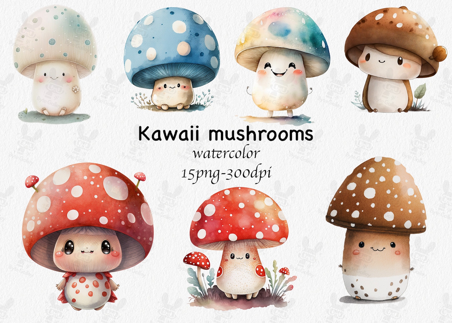 Cute Watercolor Kawaii Mushroom Clipart Bundle for Commercial Use ...