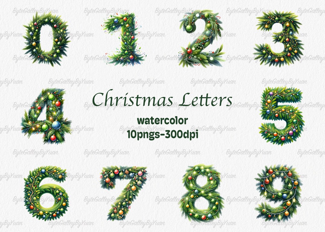 Christmas Branch Numbers Clipart: Watercolor PNG Graphics (commercial ...