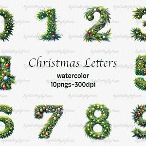 Christmas Branch Numbers Clipart: Watercolor PNG Graphics (commercial ...