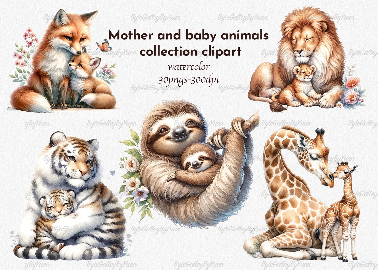 Watercolor Cute Mother and Baby Animals Collection Clipart, 30 PNG Baby ...