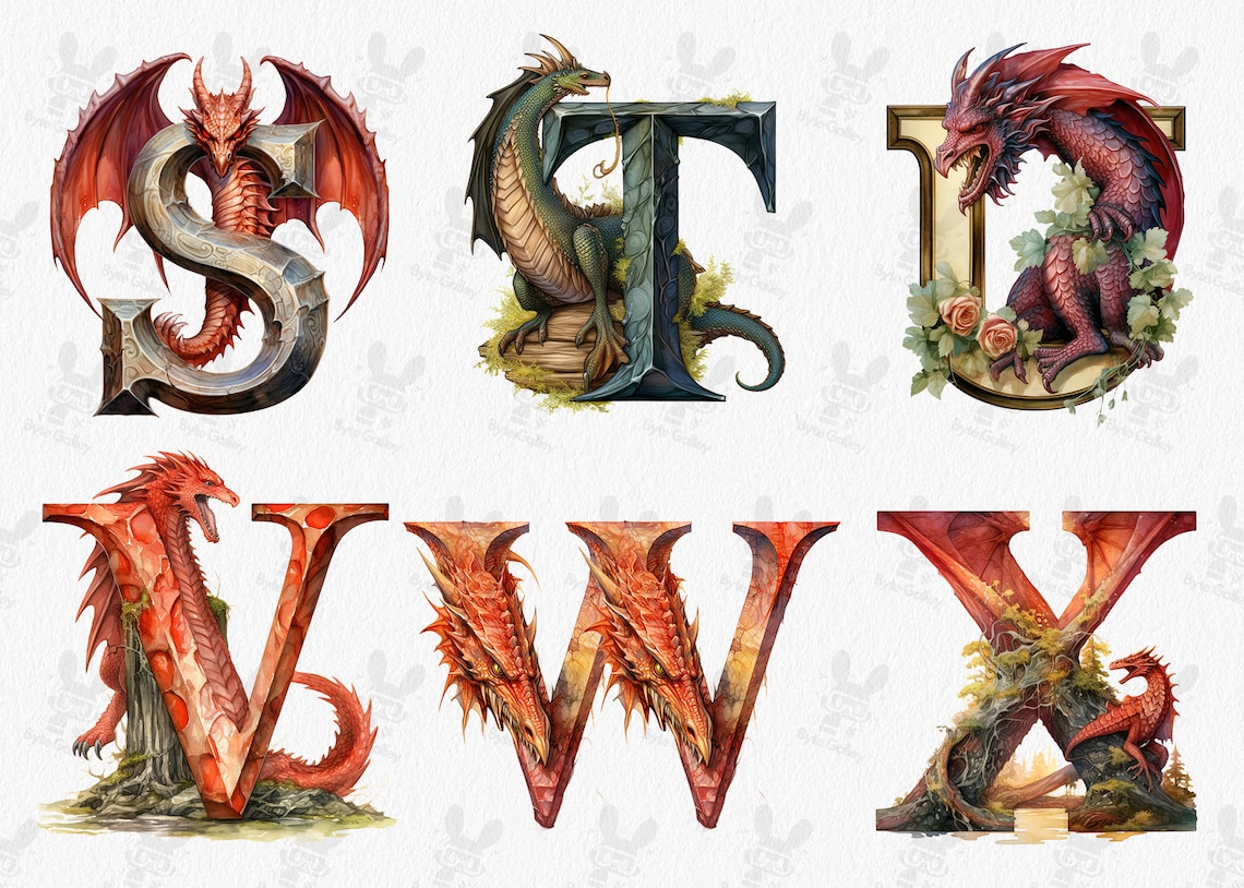 Watercolor Dragon Alphabet Png, Dragon Clipart ,decorative Letters ...