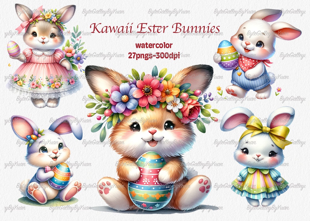Watercolor Easter Bunnies Collection Clipart, 27 PNG Nursery Spring ...