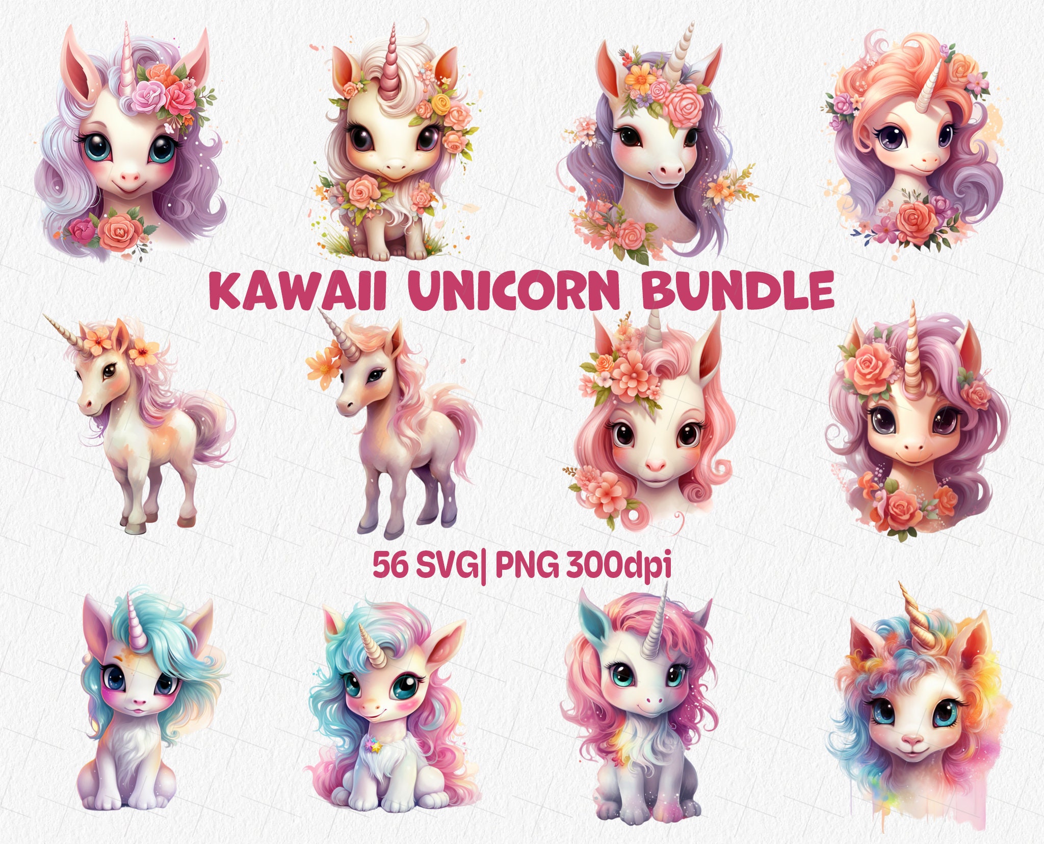 Watercolor Cute Kawaii Unicorn Clipart Bundle,commercial Use ...