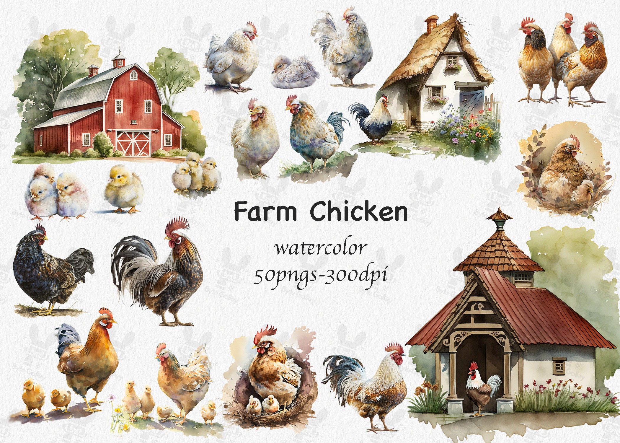 Watercolor Chicken Clipart Cute Chickens and Chicks, Farm Animal PNG ...