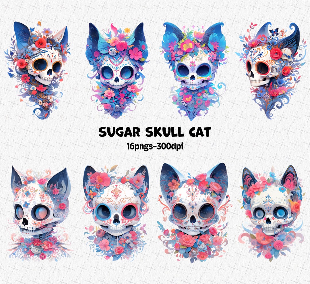 Enchanting Sugar Cat Clipart, Cute Skeleton Cat, Sugar Skull Cat ...
