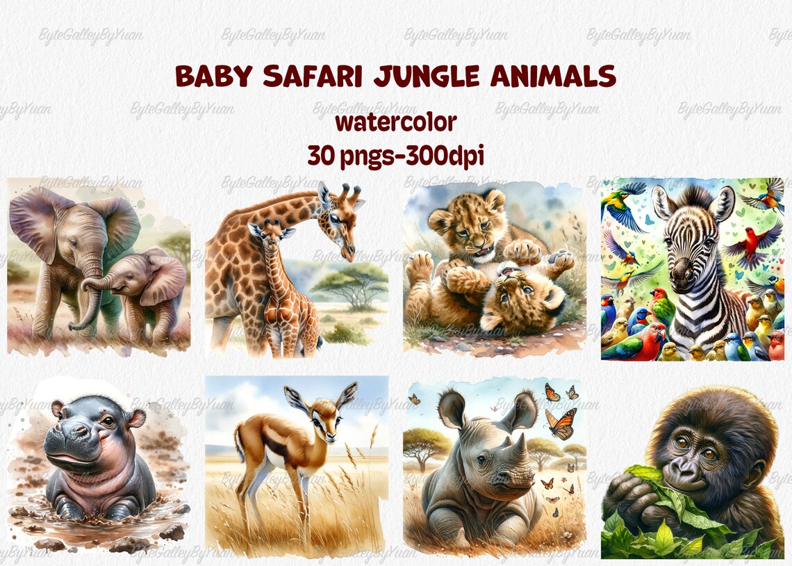 Watercolor Baby Safari Animals PNG Baby Animals Clipart Jungle Animals ...