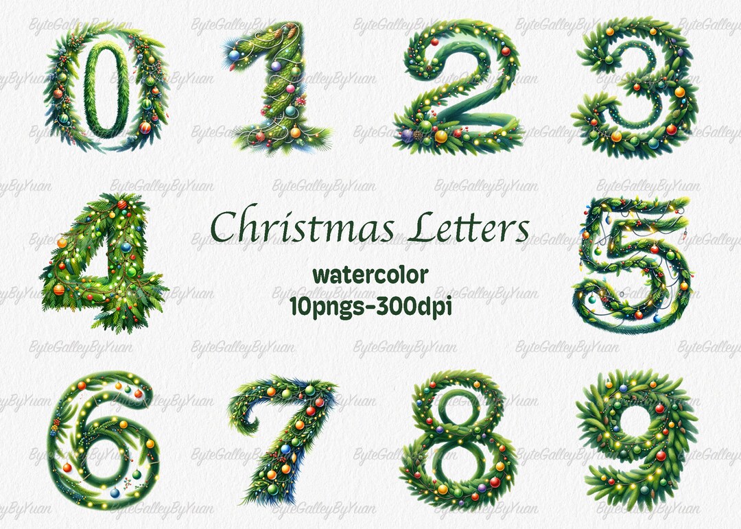 Christmas Branch Numbers Clipart: Watercolor PNG Graphics (commercial ...