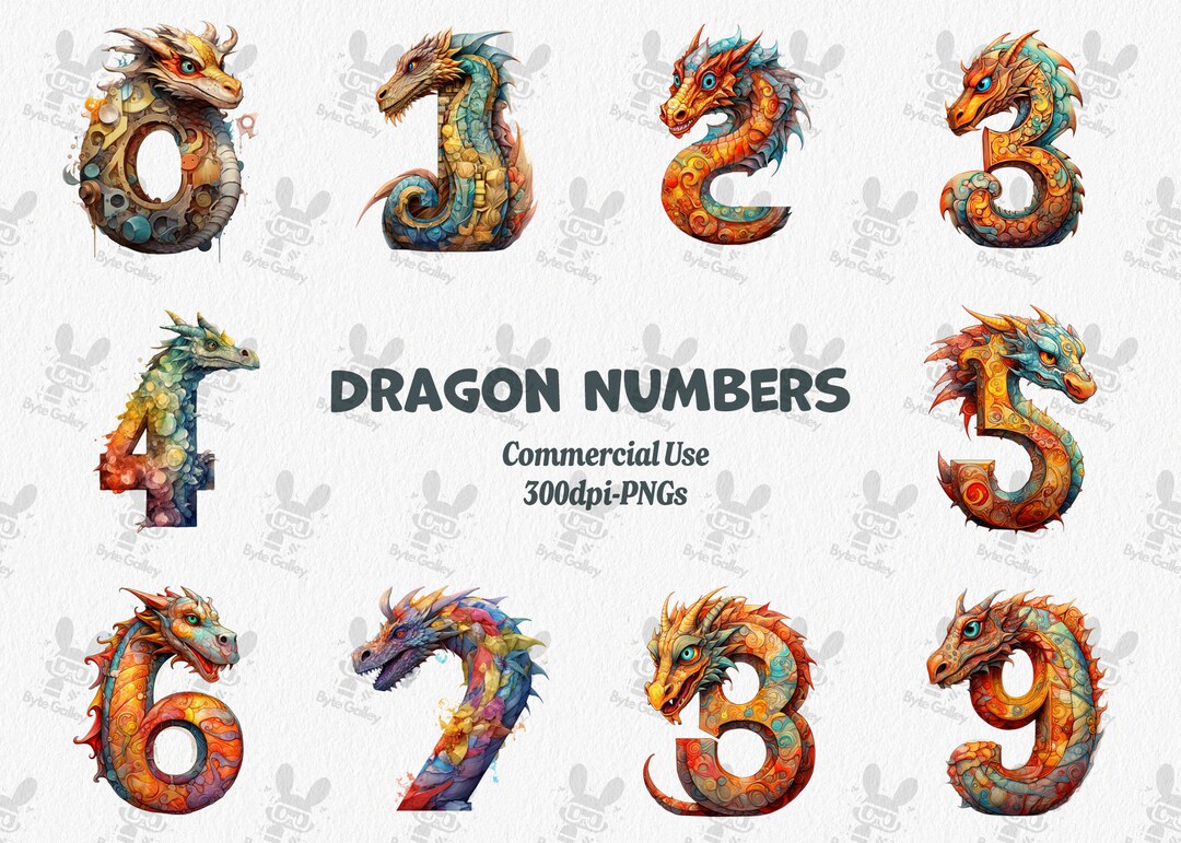 Watercolor Dragon Numbers Clipart: Nursery Decor PNG (digital Download ...