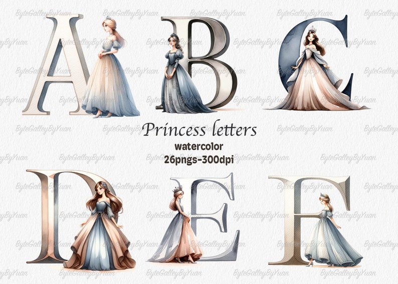 Watercolor Princess Alphabet, Letters Png, Alphabet Png, Elegant ...