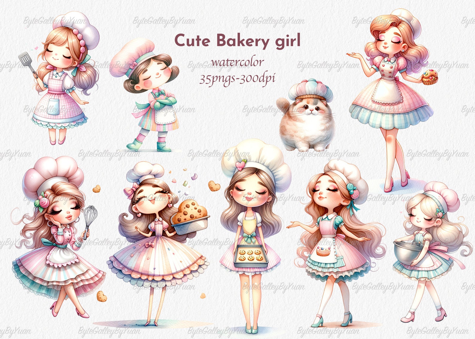 Watercolor Baker Girls Clipart Set. Bakery, Sweets, Cookies, Kitchen ...
