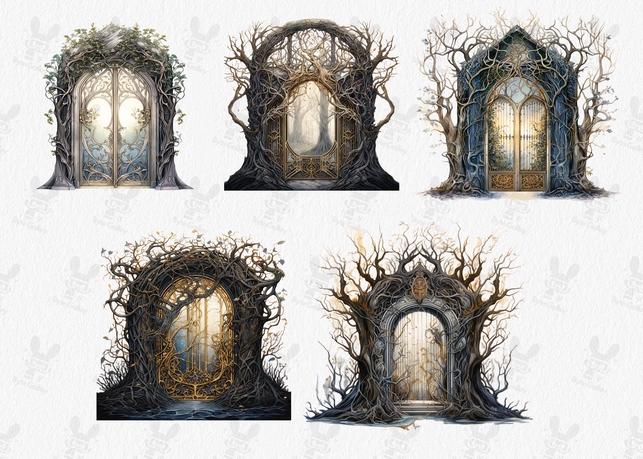 Watercolor Fantasy Doors Clipart: Magic Forest PNG (commercial Use) - Etsy