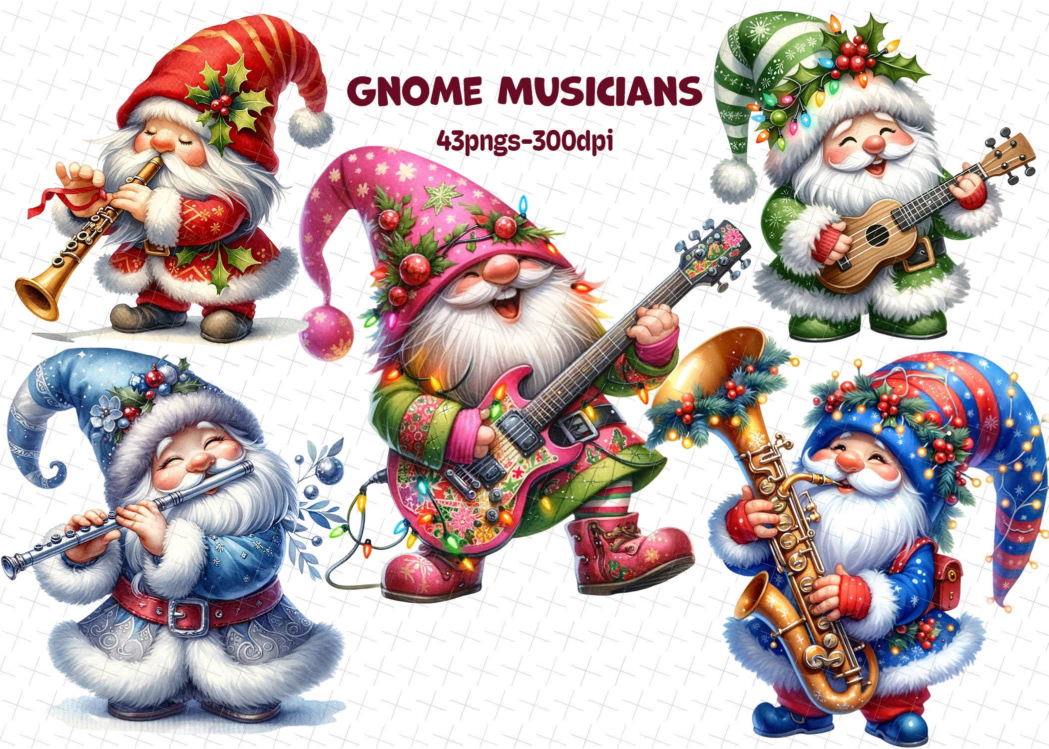 Christmas Gnome Musicians Clipart, Watercolor Musical Gnome Png ...