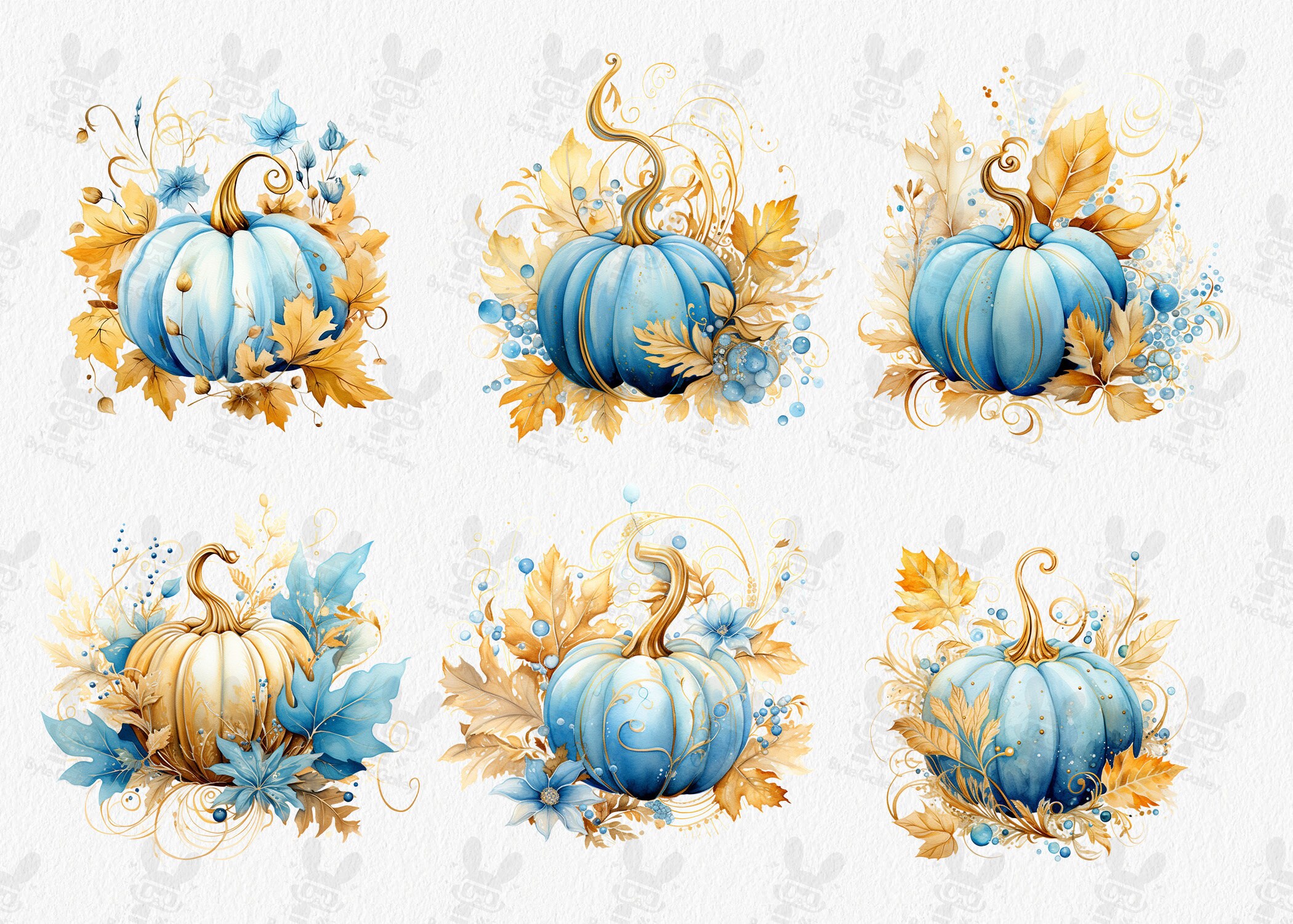 Blue Pumpkin Clipart Bundle, Gold Pumpkin, Floral Pumpkin Graphics ...