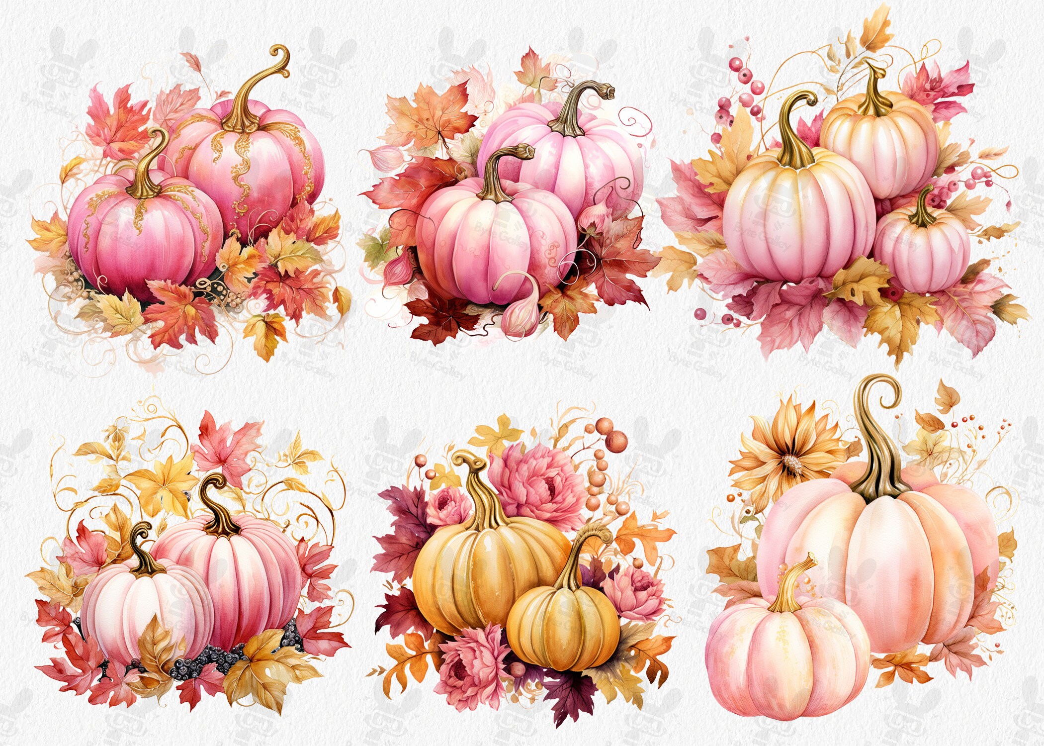 Pink Pumpkin Clipart Bundle: Gold Floral Graphics (commercial Use) - Etsy
