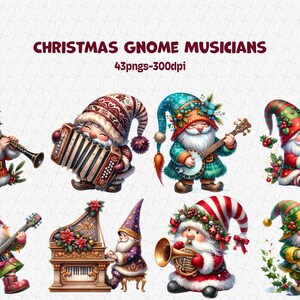 Watercolor Christmas Gnome Musicians Clipart: Instrument Graphics (PNG ...