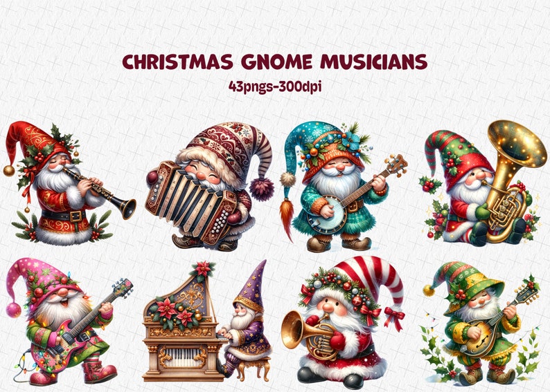 Christmas Gnome Musicians Clipart, Watercolor Musical Gnome Png ...