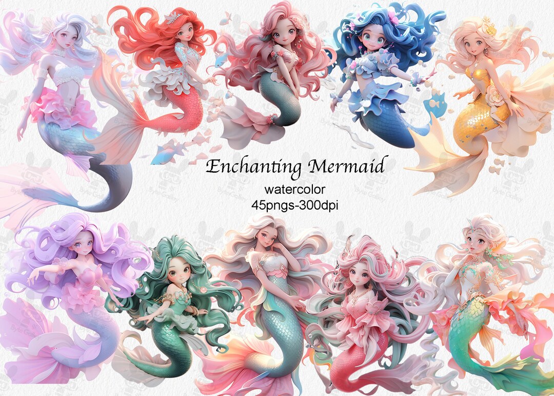 Enchanting Mermaid Clipart Bundle: Watercolor PNG Illustrations ...